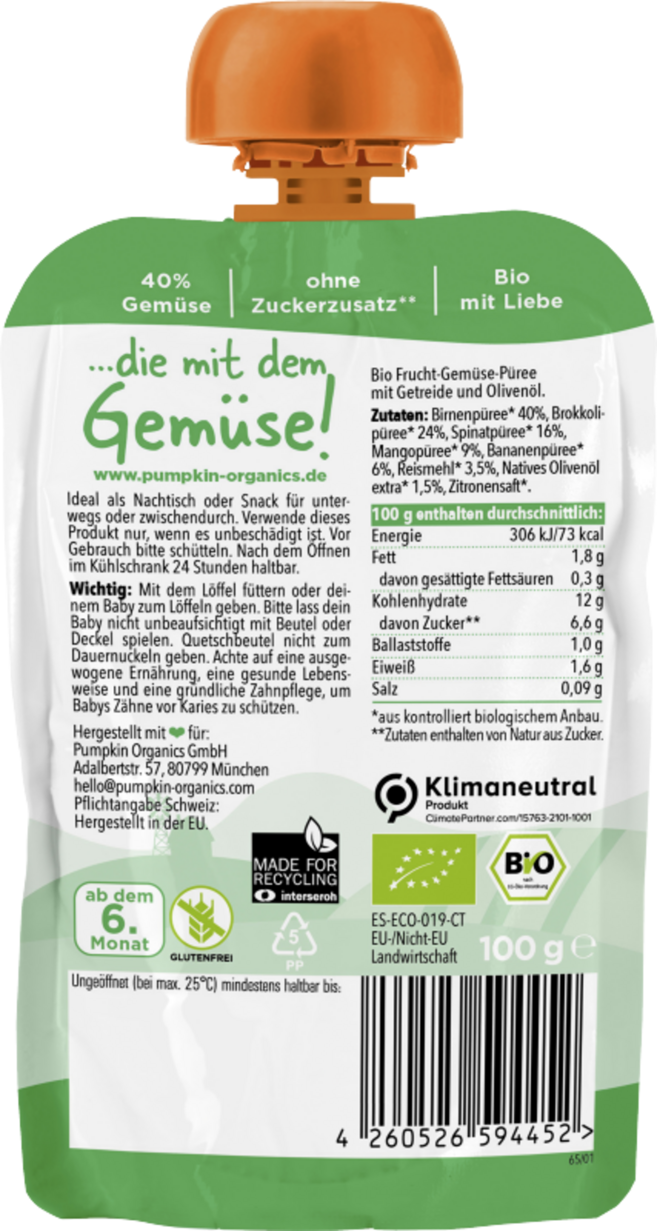 Pumpkin Organics Bio Quetschie mit Birne, Brokkoli, Spinat, Mango ...