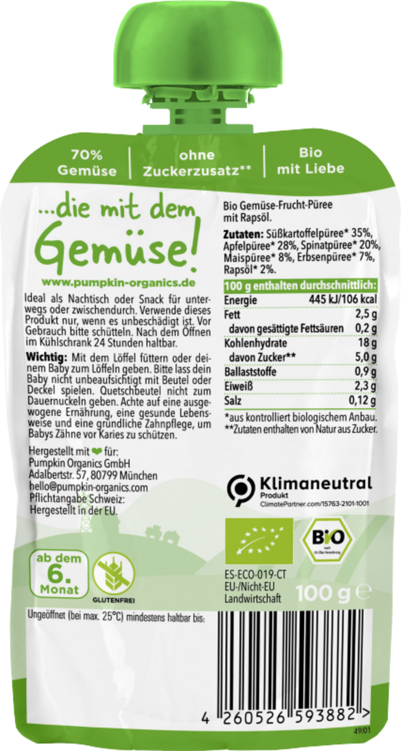Pumpkin Organics Bio Quetschie mit Süßkartoffel, Apfel, Spinat, Mais ...