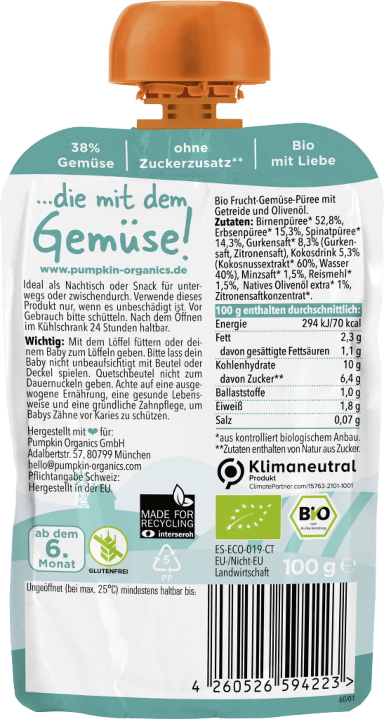 Pumpkin Organics Bio Quetschie mit Birne, Erbsen, Spinat, Gurke ...