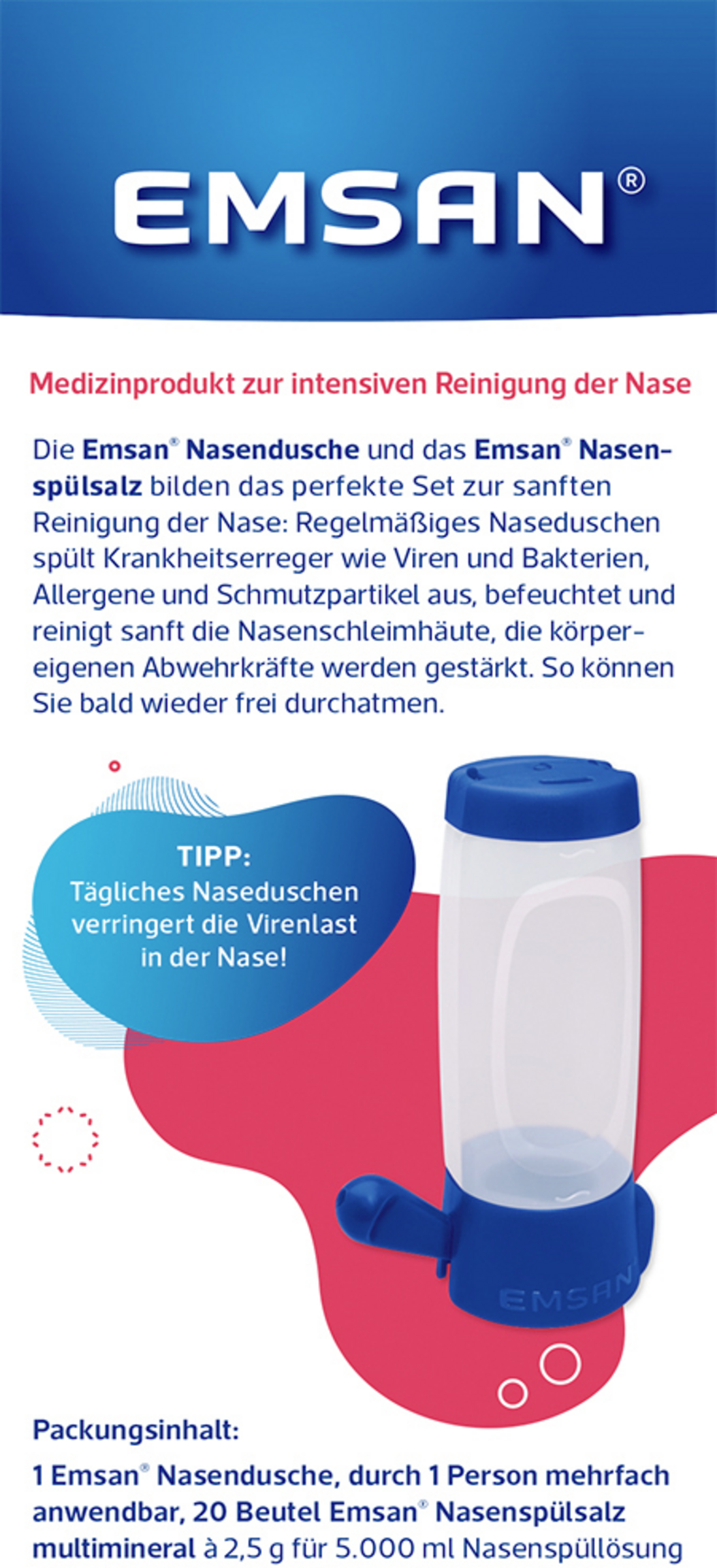 Emsan Nasendusche Komplett-Set, mit 20 Beuteln Nasenspülsalz, 1 Stück ...