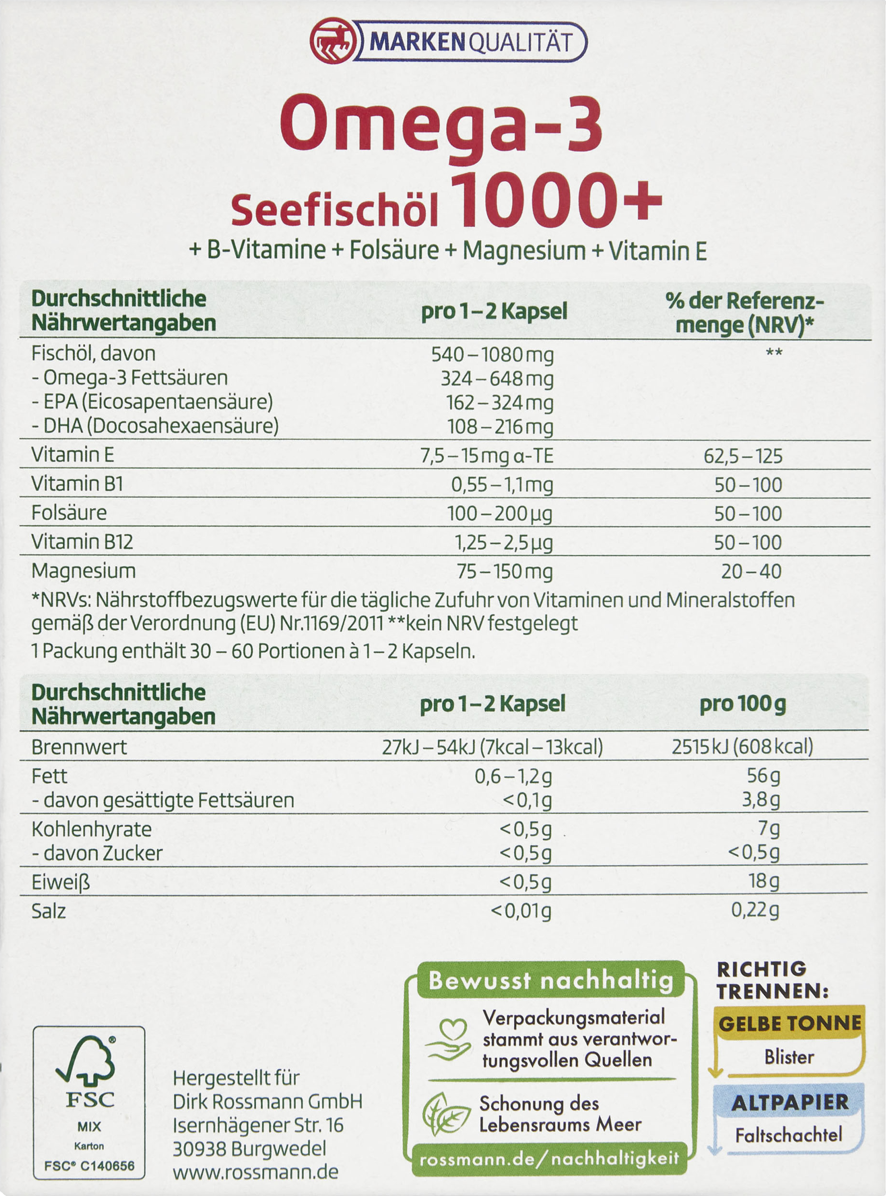 altapharma Omega-3 Seefischöl 1000+ B-Vitamine + Folsäure + Magnesium ...